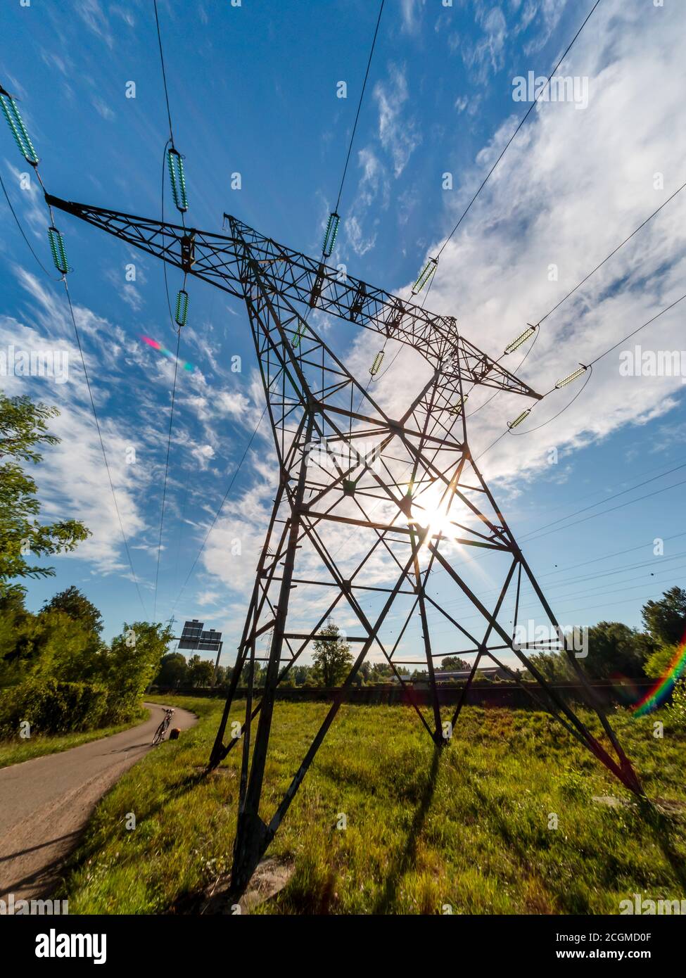 Power transmission mast. Wide angle view. Geometry and symmetry. France ...