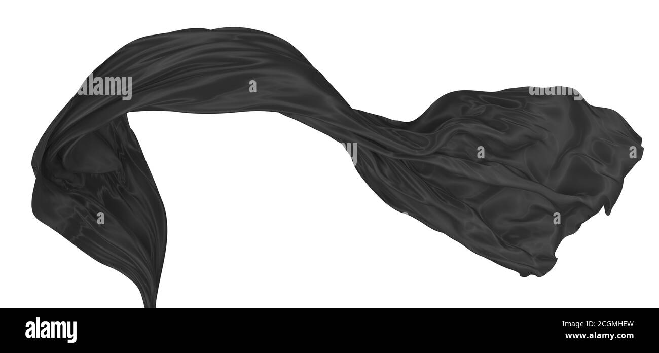 Beautiful flowing fabric flying in the wind. Black wavy silk or satin ...
