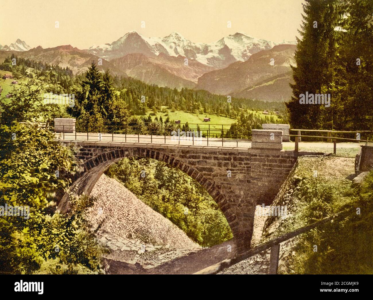Bridge and view of Jungfrau, Monch and Eiger from Beatenberg ...