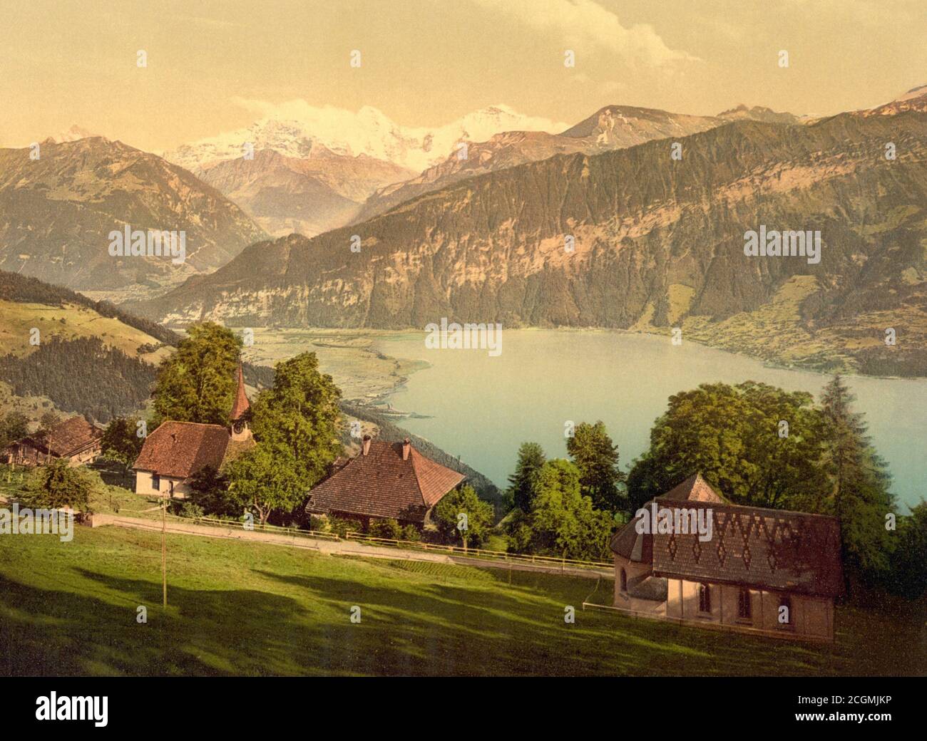 The church and Lake Thun, Beatenberg, Interlaken, Bern, Switzerland ...