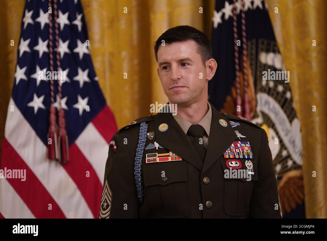 Sergeant Major Thomas Payne, United States Army, waits to accept the ...