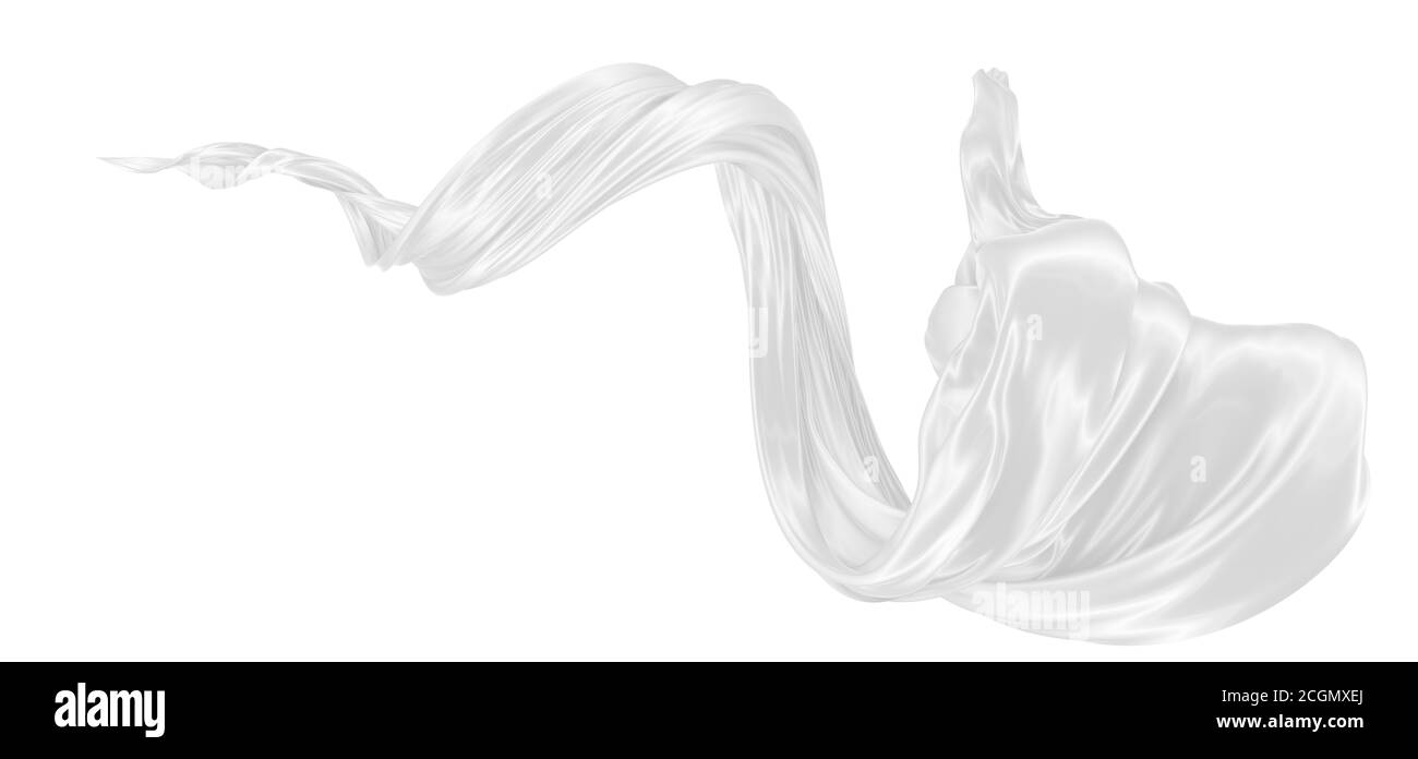 Beautiful flowing cloth flying in the wind. White wavy silk or satin ...