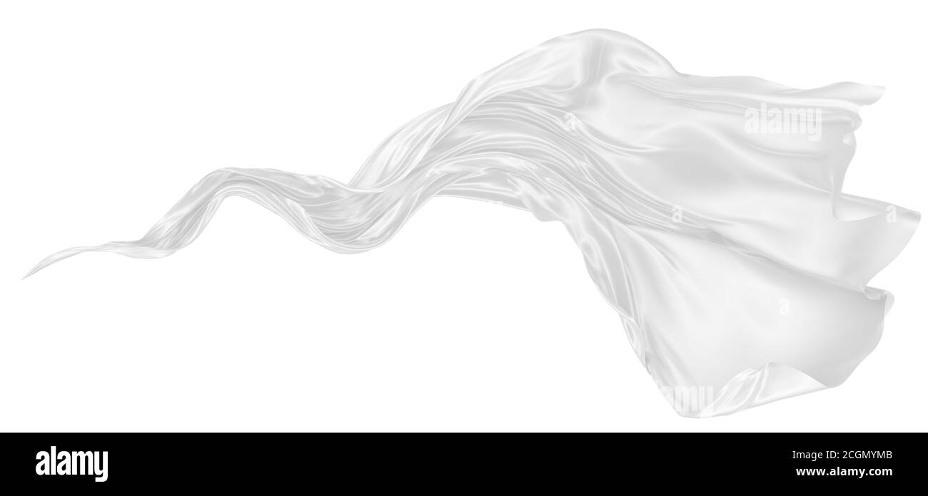 Beautiful flowing cloth flying in the wind. White wavy silk or satin ...