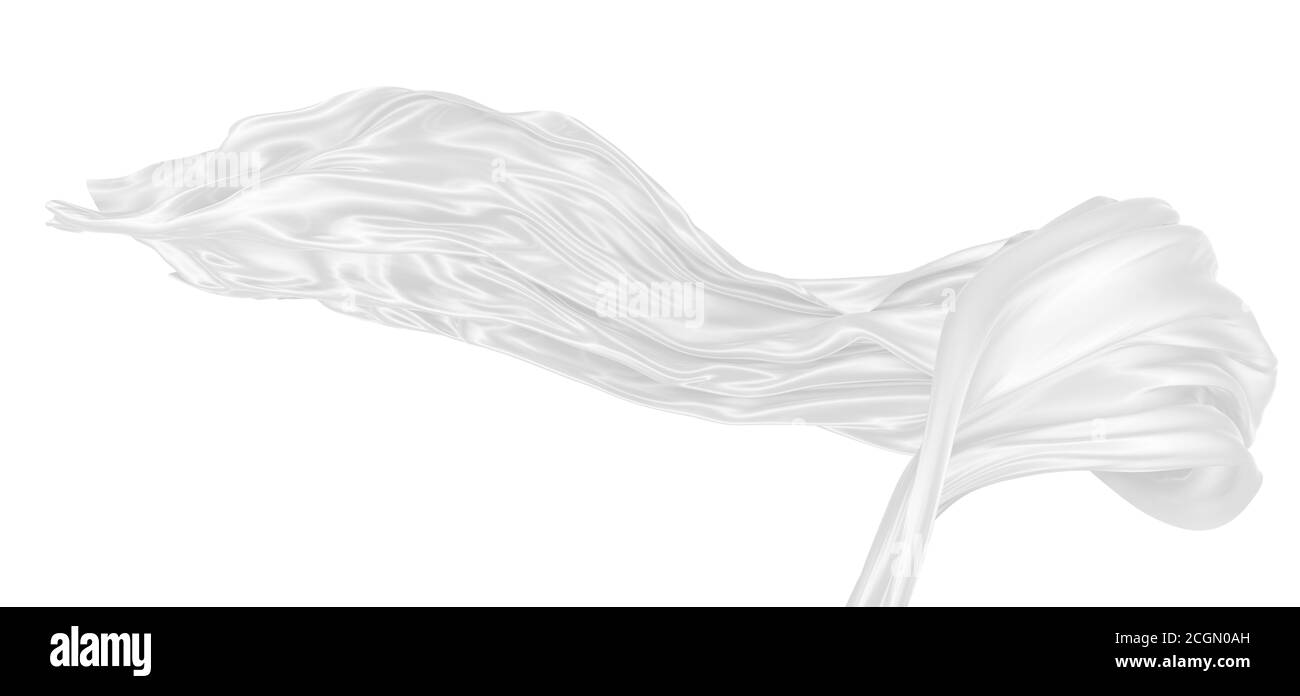 Beautiful flowing cloth flying in the wind. White wavy silk or satin ...