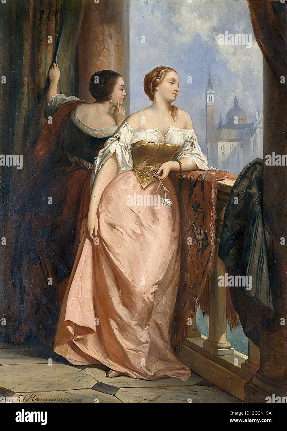 Hamman Edouard Jean Conrad - Two Ladies on the Balcony - Belgian School ...