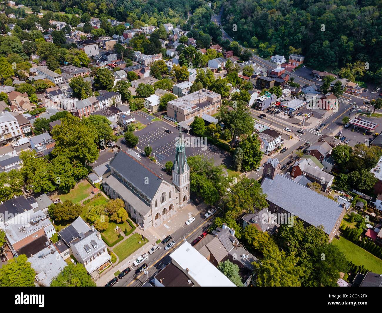Scenic seasonal landscape from above aerial view of a small town ...
