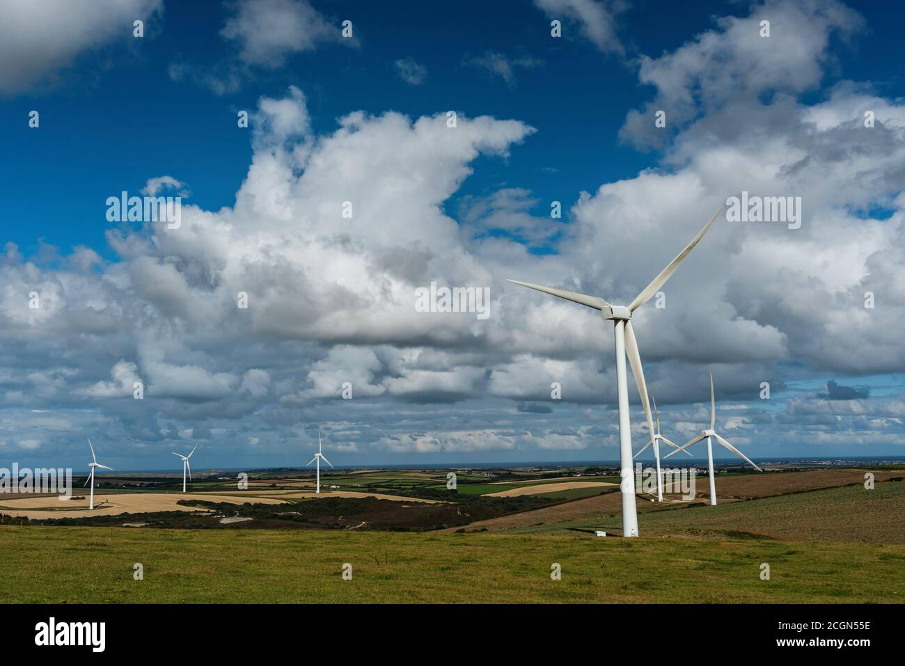 Wind turbines on wind farms on Cornwall fields in England in Europe ...