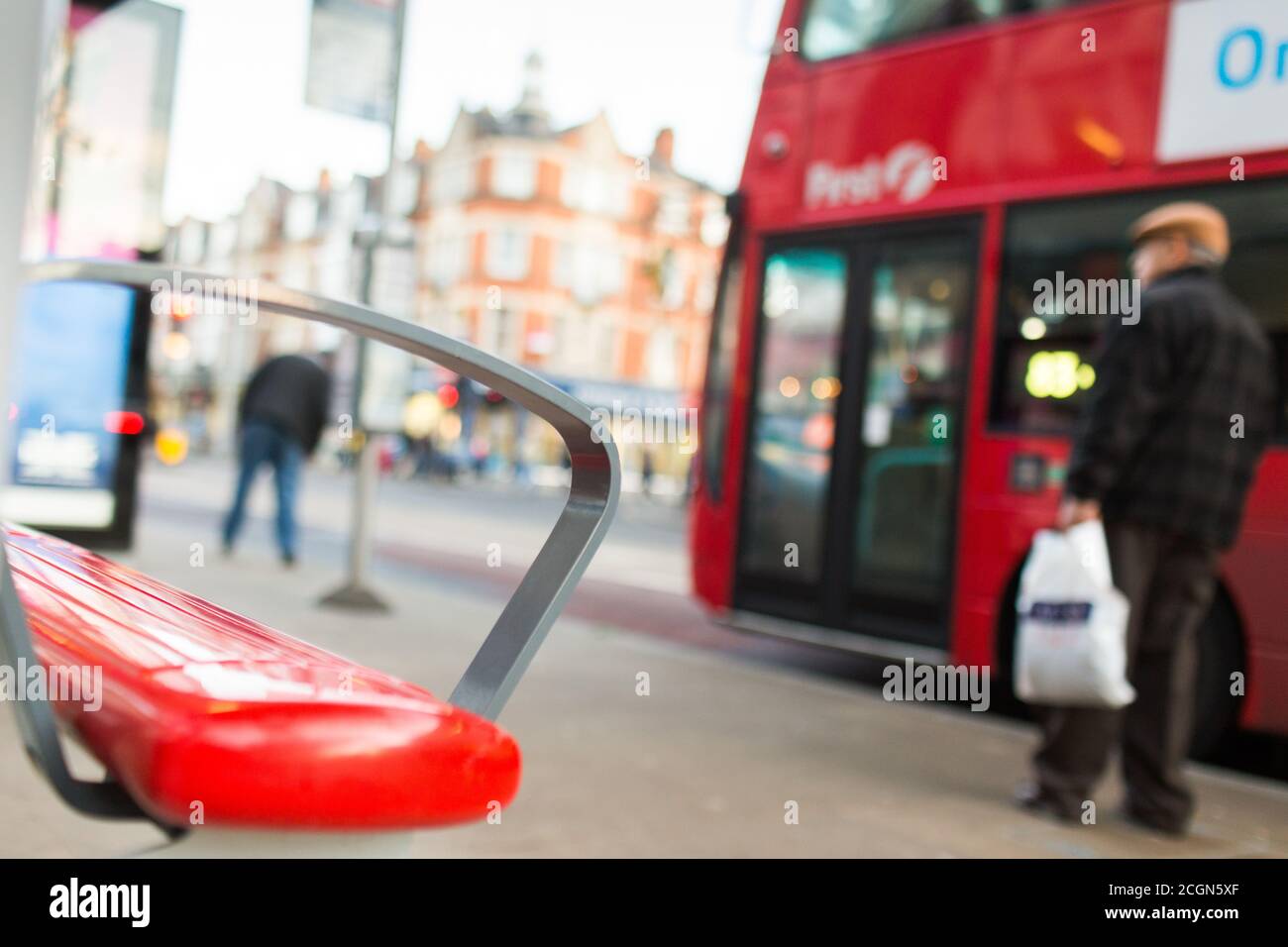 London red bus stop Stock Photo - Alamy