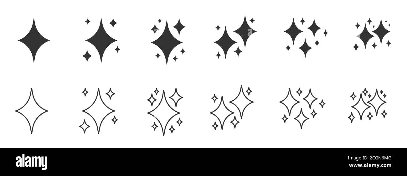 Black line and silhouette symbols sparkles icon set. Outline decorative twinkle sparkle lights ...