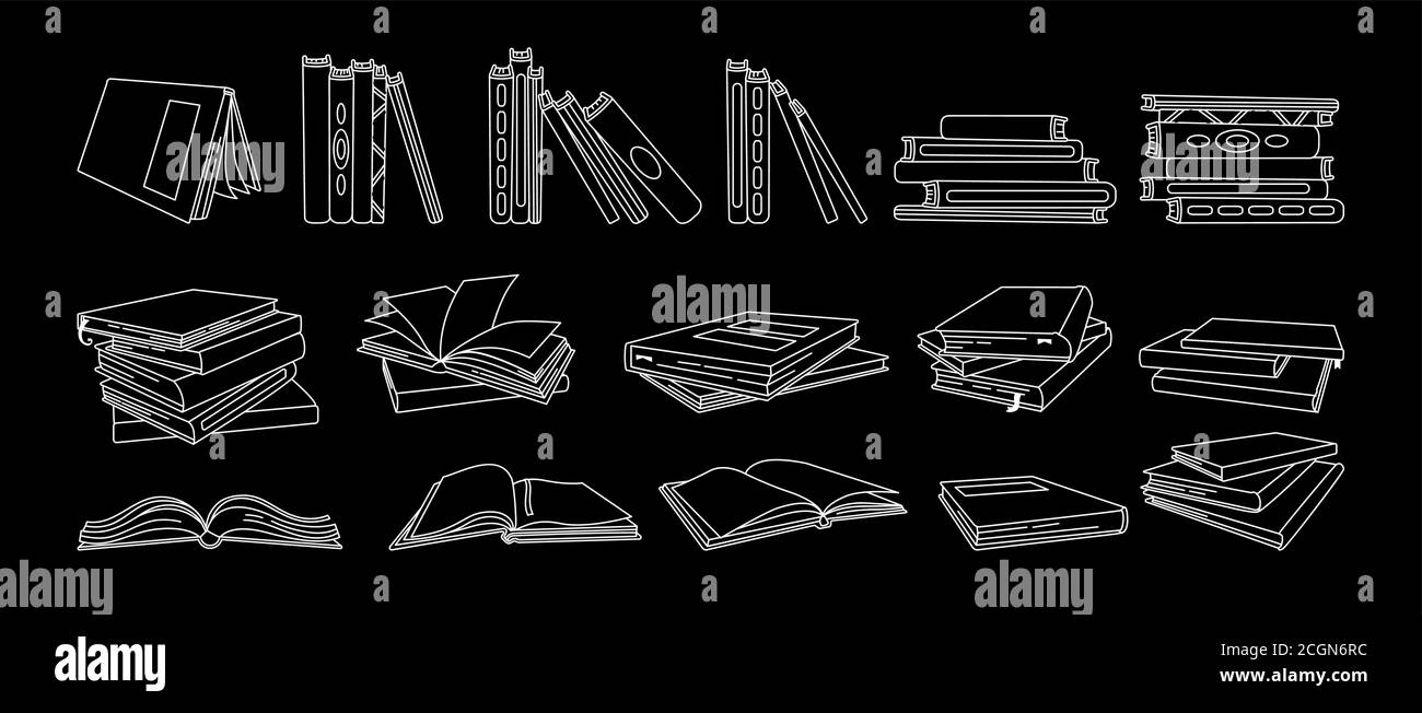 Book white line cartoon set. Hand drawn blank textbooks, hardbacks ...
