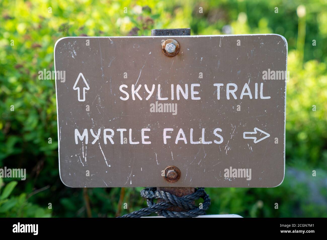 Trailhead sign for two trails in Paradise area of Mount Rainier ...