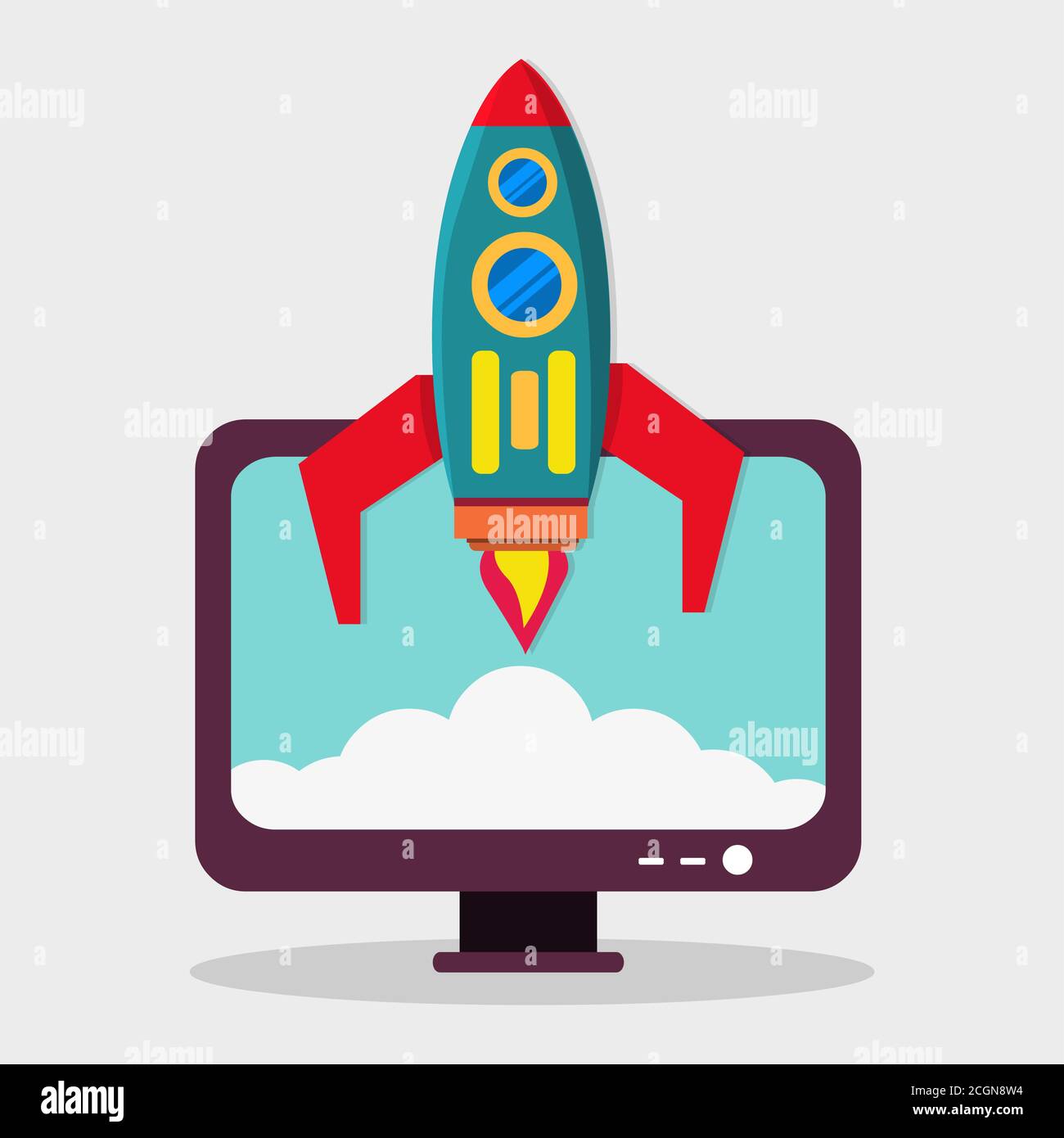 a rocket launching from a pc monitor for business startup concept ...