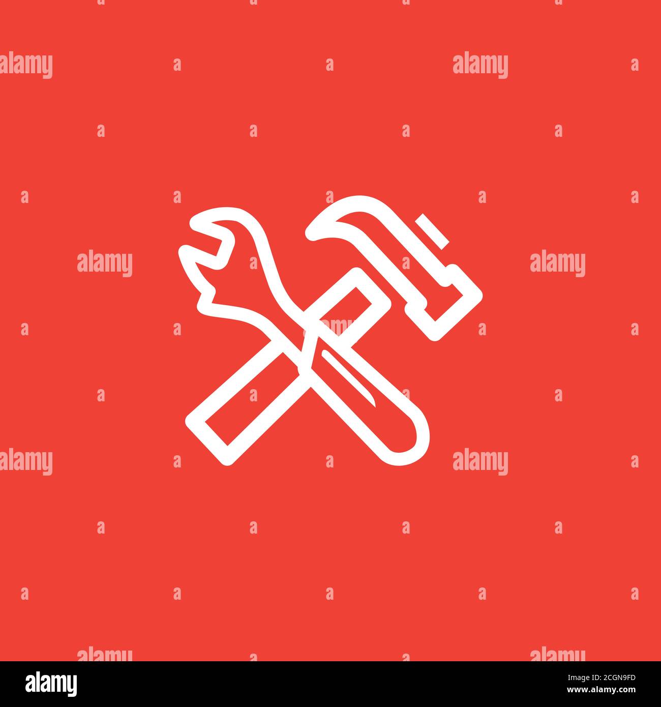 Hammer And Wrench Line Red Icon On White Background. Red Flat Style ...