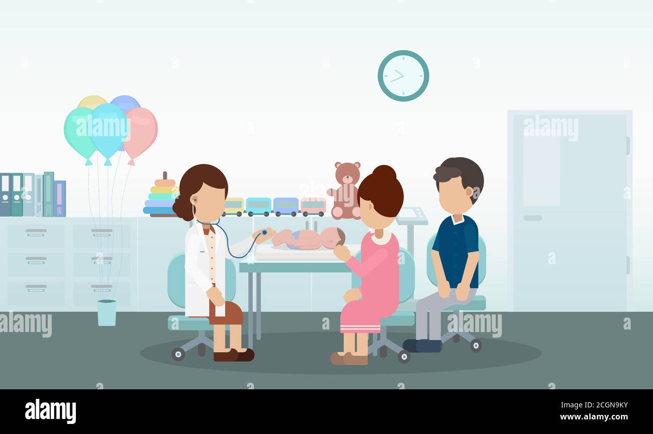 Pediatrics clinic with pediatrician and newborn baby flat design vector ...