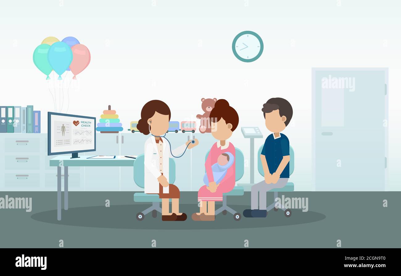 Pediatrics clinic with pediatrician and newborn baby flat design vector ...