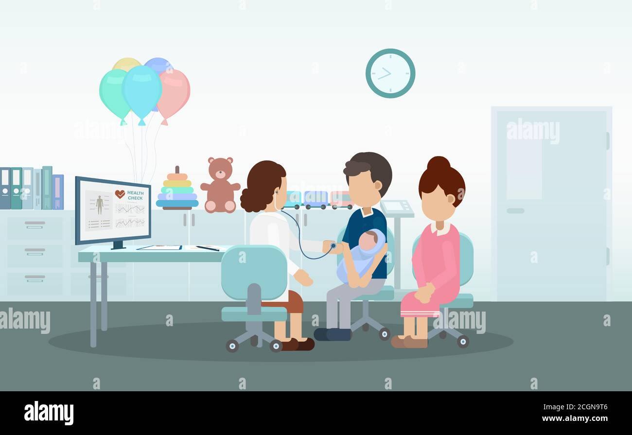 Pediatrics clinic with pediatrician and newborn baby flat design vector ...
