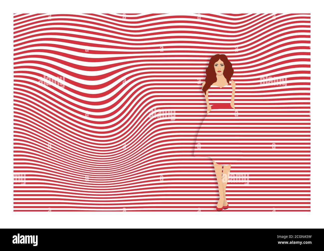 A young woman is dressed in a red and white striped dress that matches ...