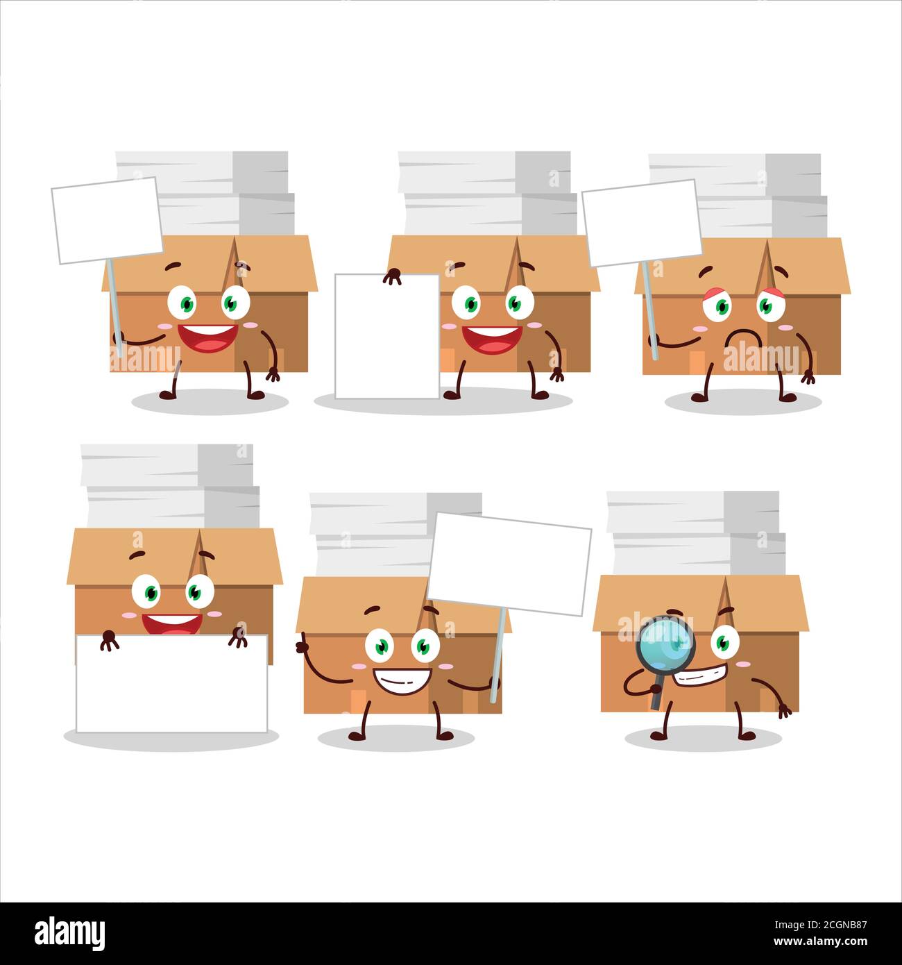 Office boxes with paper cartoon character bring information board Stock ...