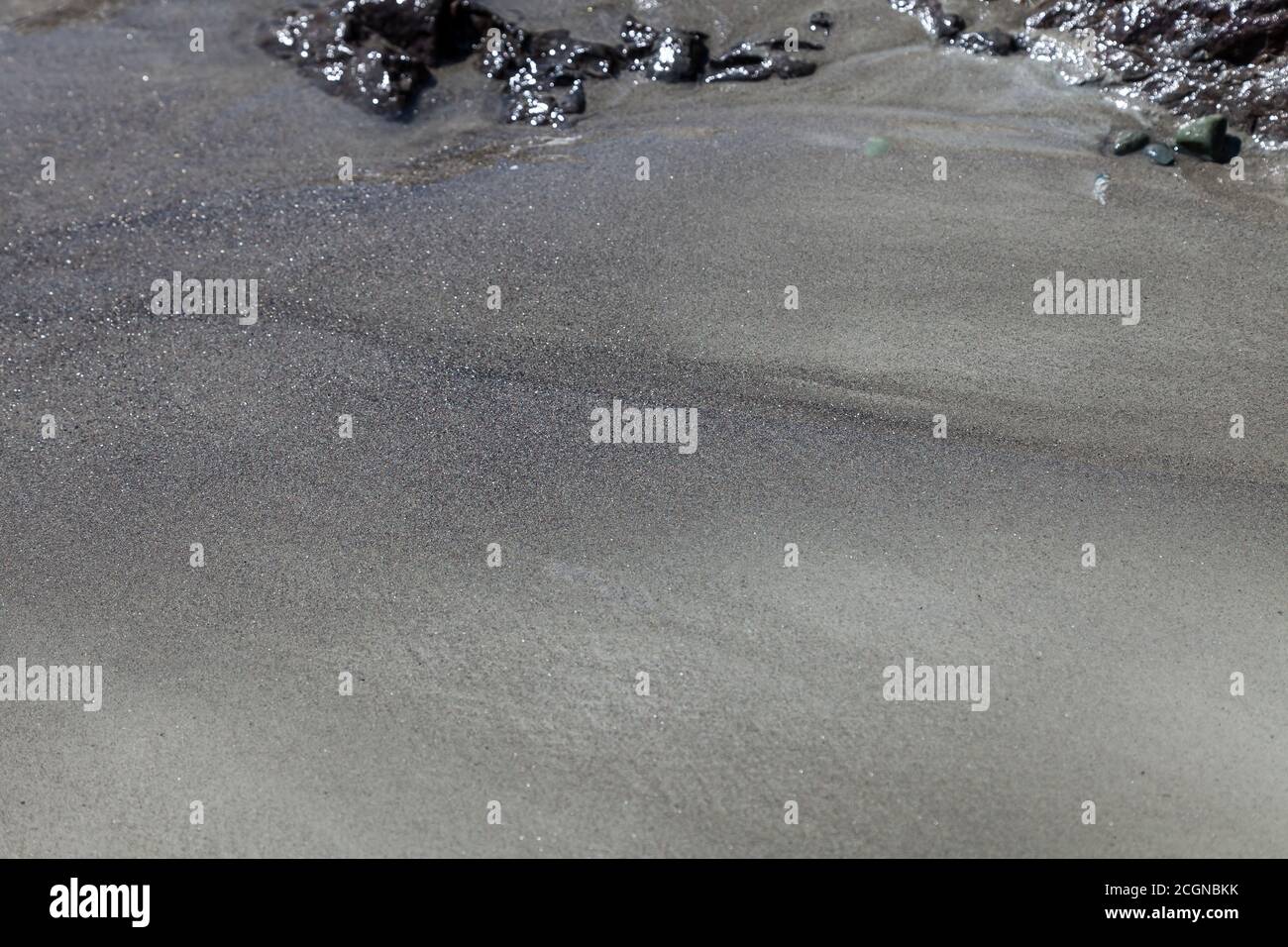 Close-up of sandy shore with gray sand on the beach of a mountain river ...