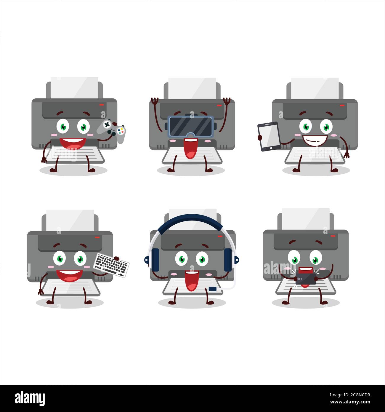 Printer cartoon character are playing games with various cute emoticons ...