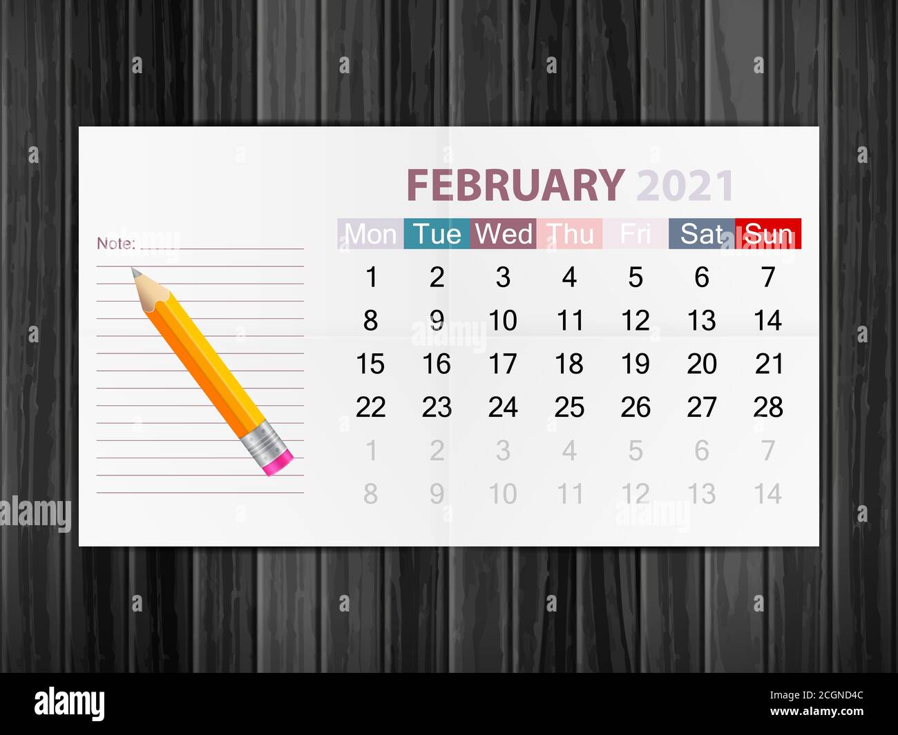 Calendar February 2021 on wood background. Vector illustration Stock ...