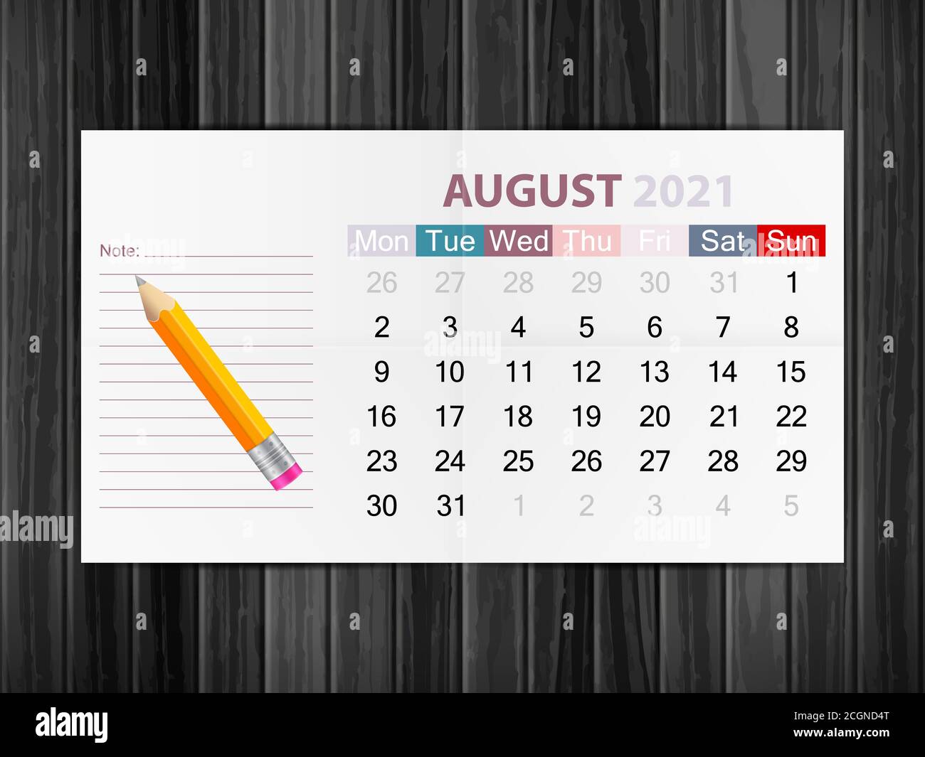 Calendar August 2021 on wood background. Vector illustration Stock ...