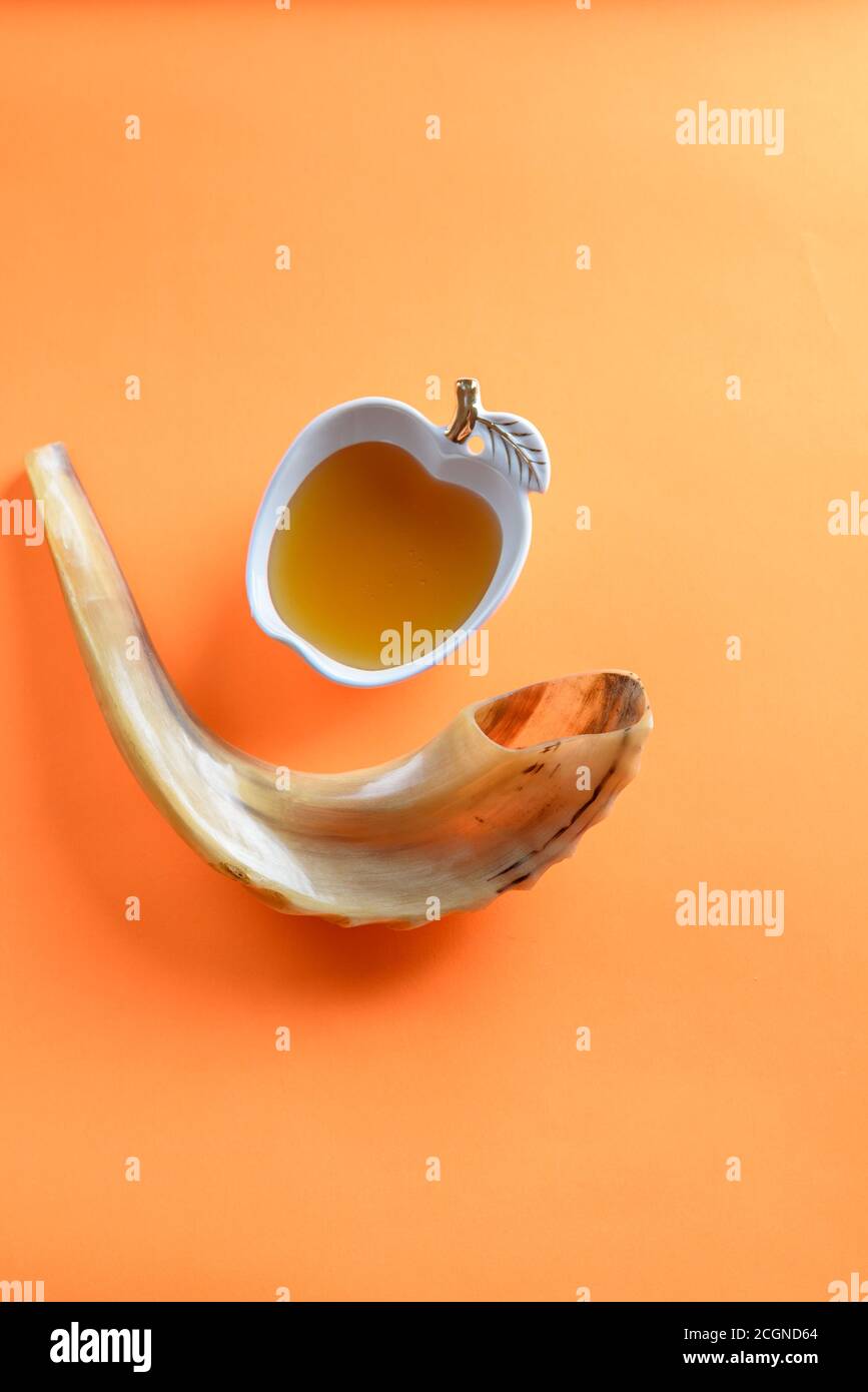 Rosh Ha Shana - Jewish new year composition of bowl of honey and Shofar ...