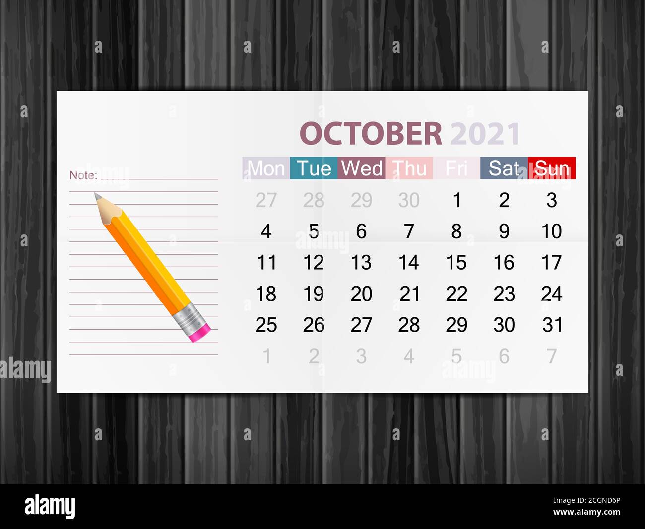 Calendar October 2021 on wood background. Vector illustration Stock ...