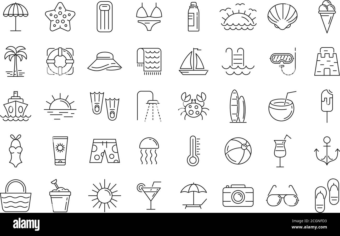 Beach icons set. Outline set of beach vector icons for web design ...