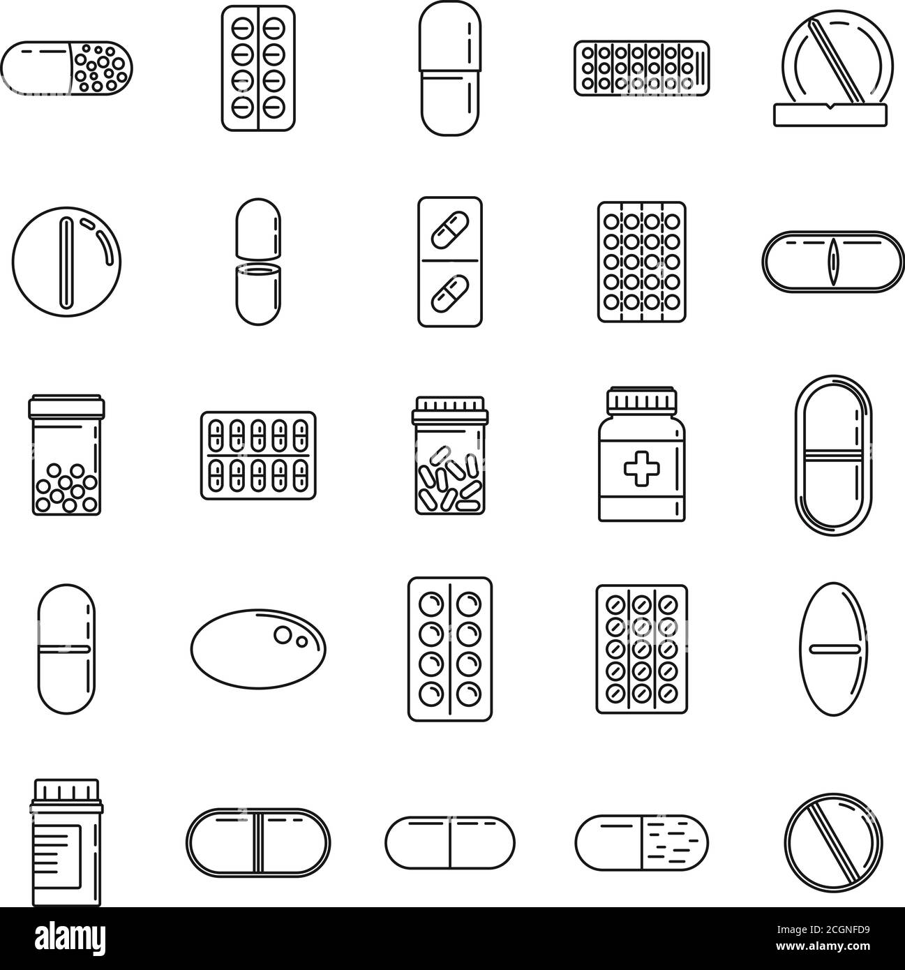 Medical pill icons set. Outline set of medical pill vector icons for ...