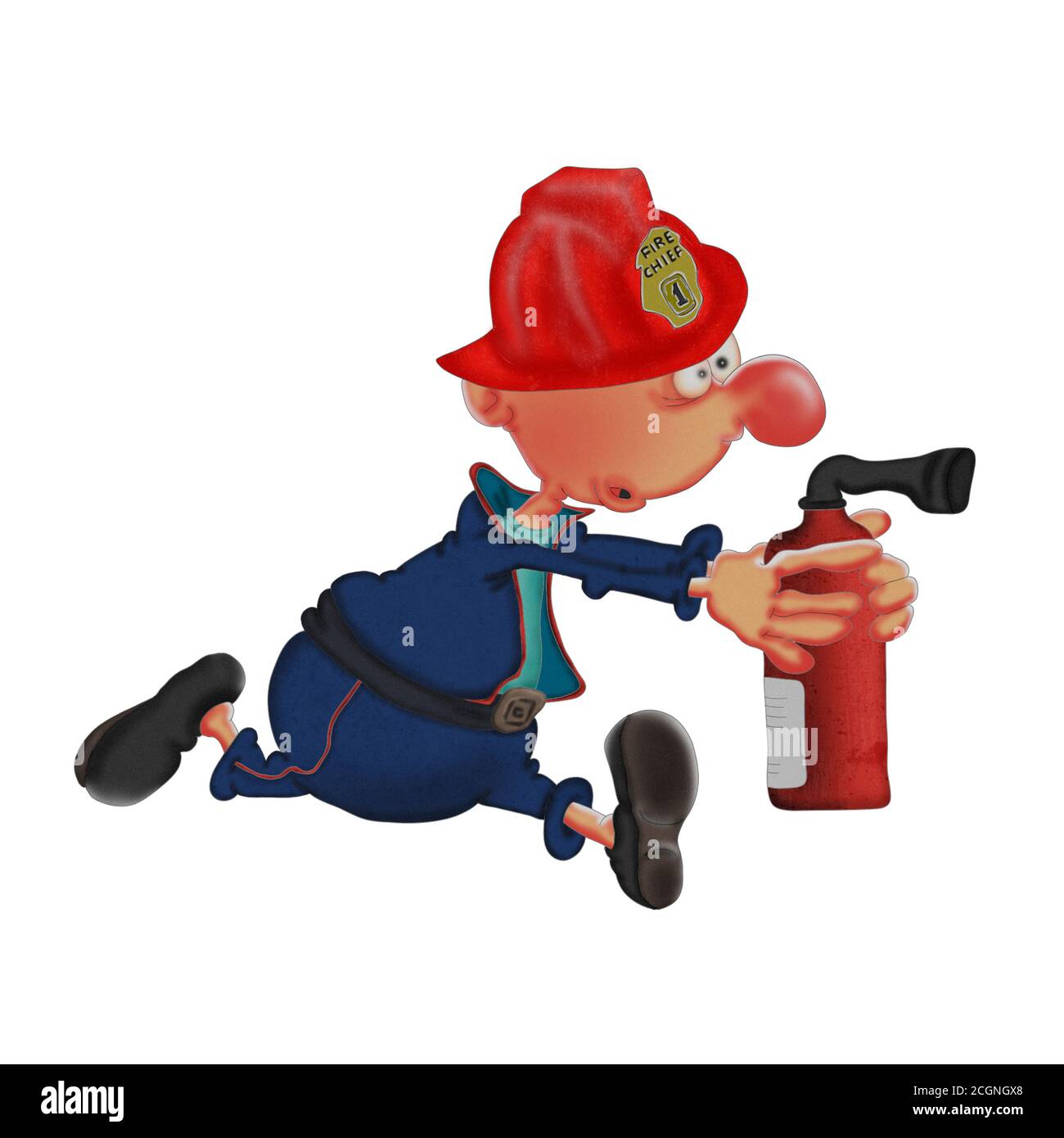 Fireman running with a fire extinguisher. Cartoon illustration on a ...