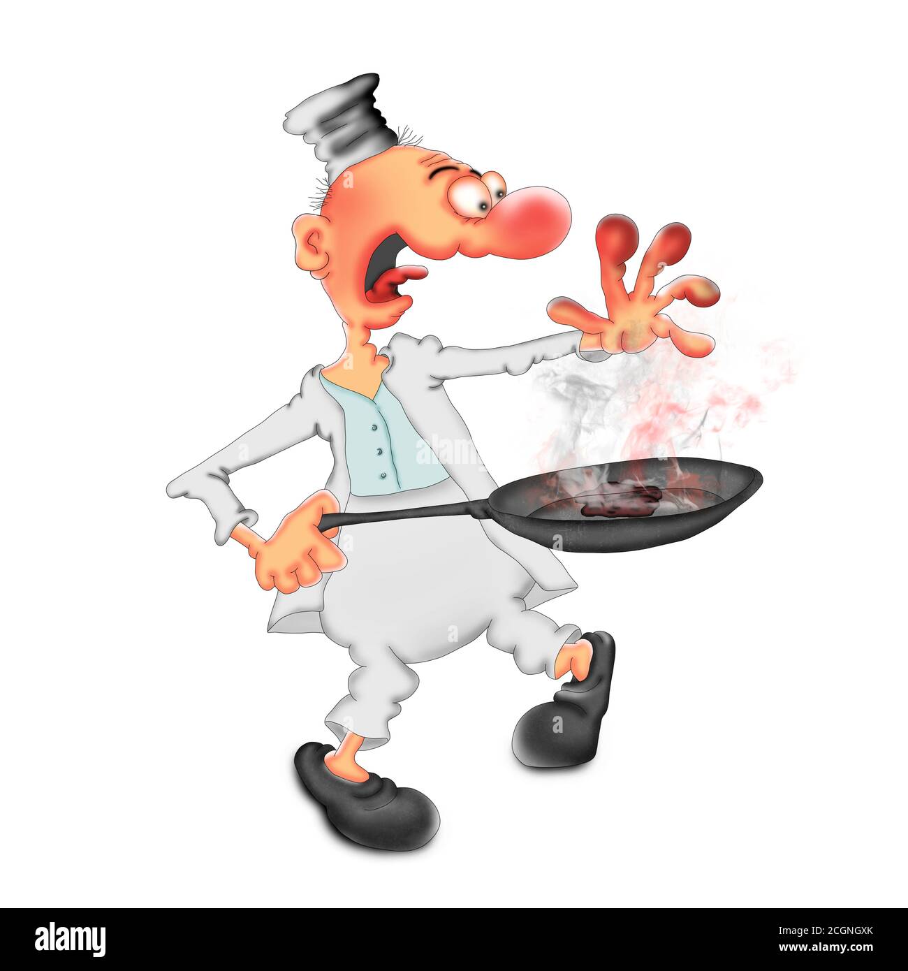 The cook burned himself on a burned pan. Humorous illustration on a ...