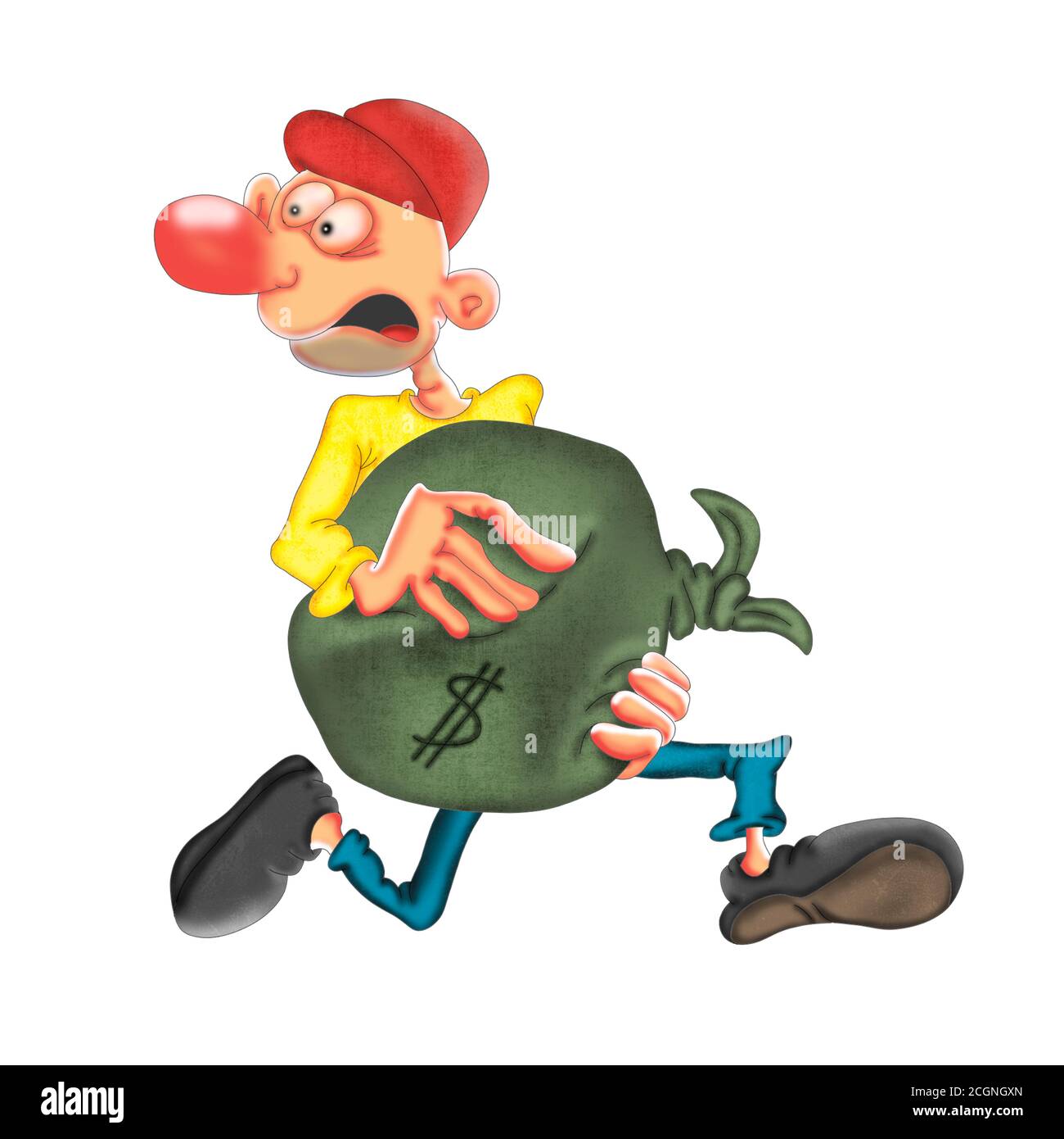 Running man with a bag of money. Illustration on a white background ...