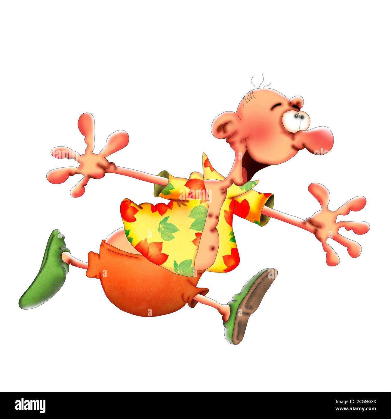 Running joyful happy man in a hawaiian shirt. Cartoon illustration on a ...