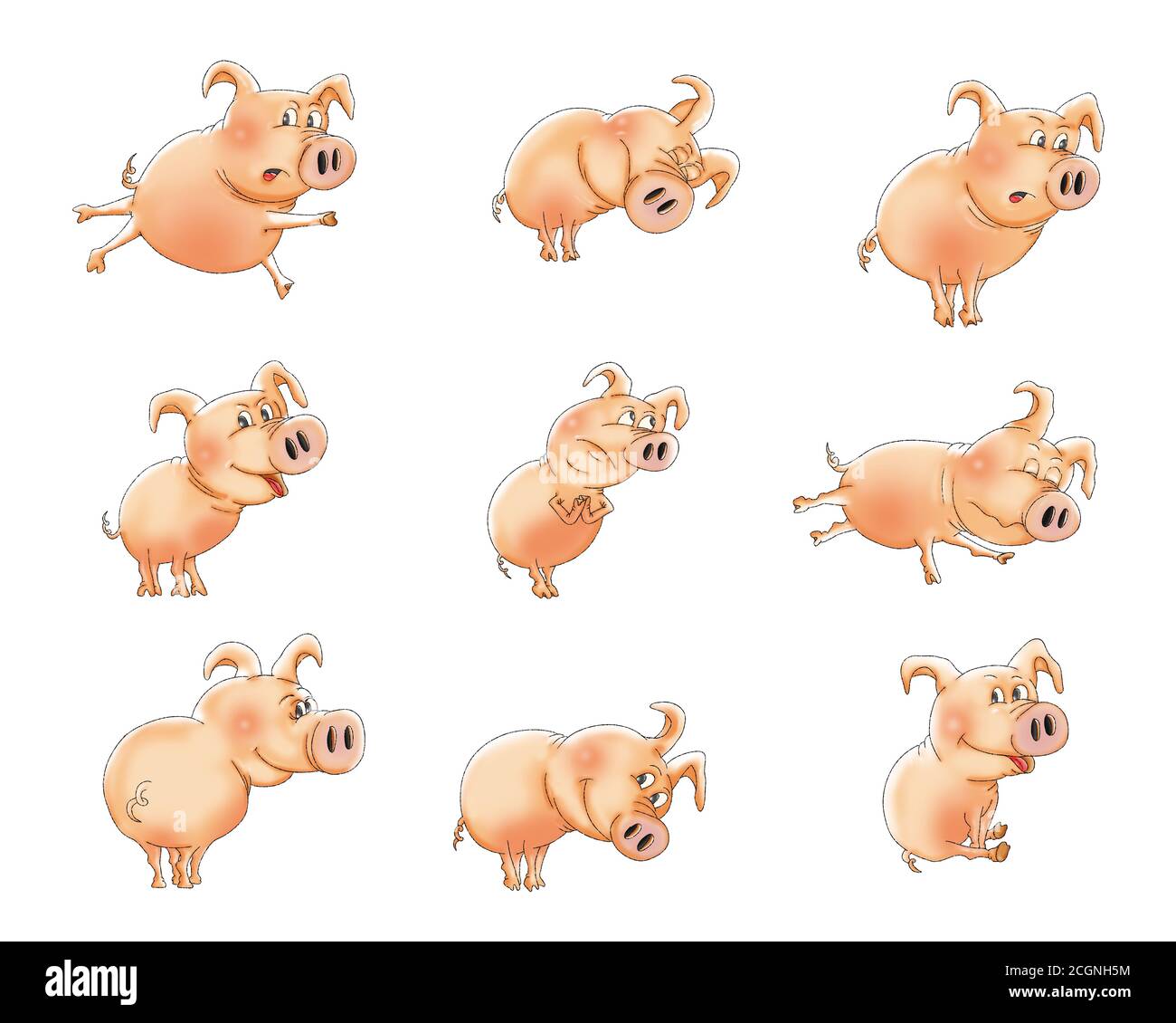Funny pig in various poses, set of cartoon illustrations Stock Photo ...