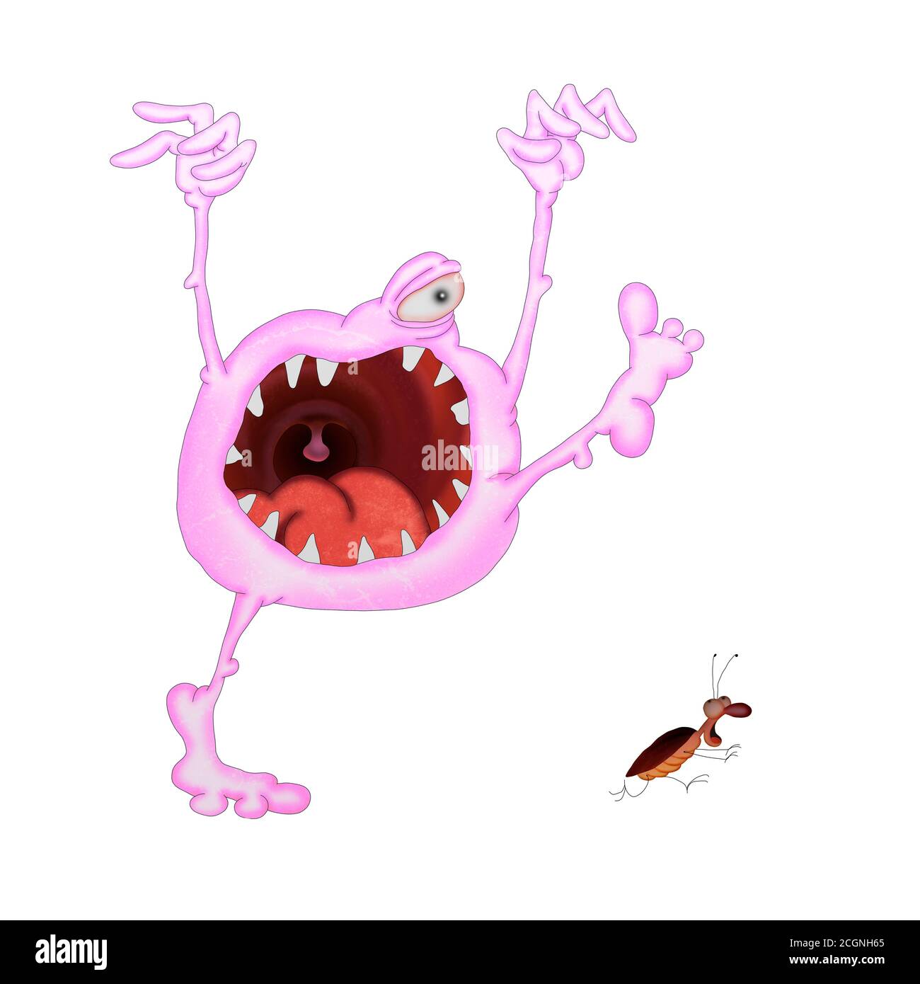 a large pink gum monster chasing a fleeing cockroach. illustration on a ...