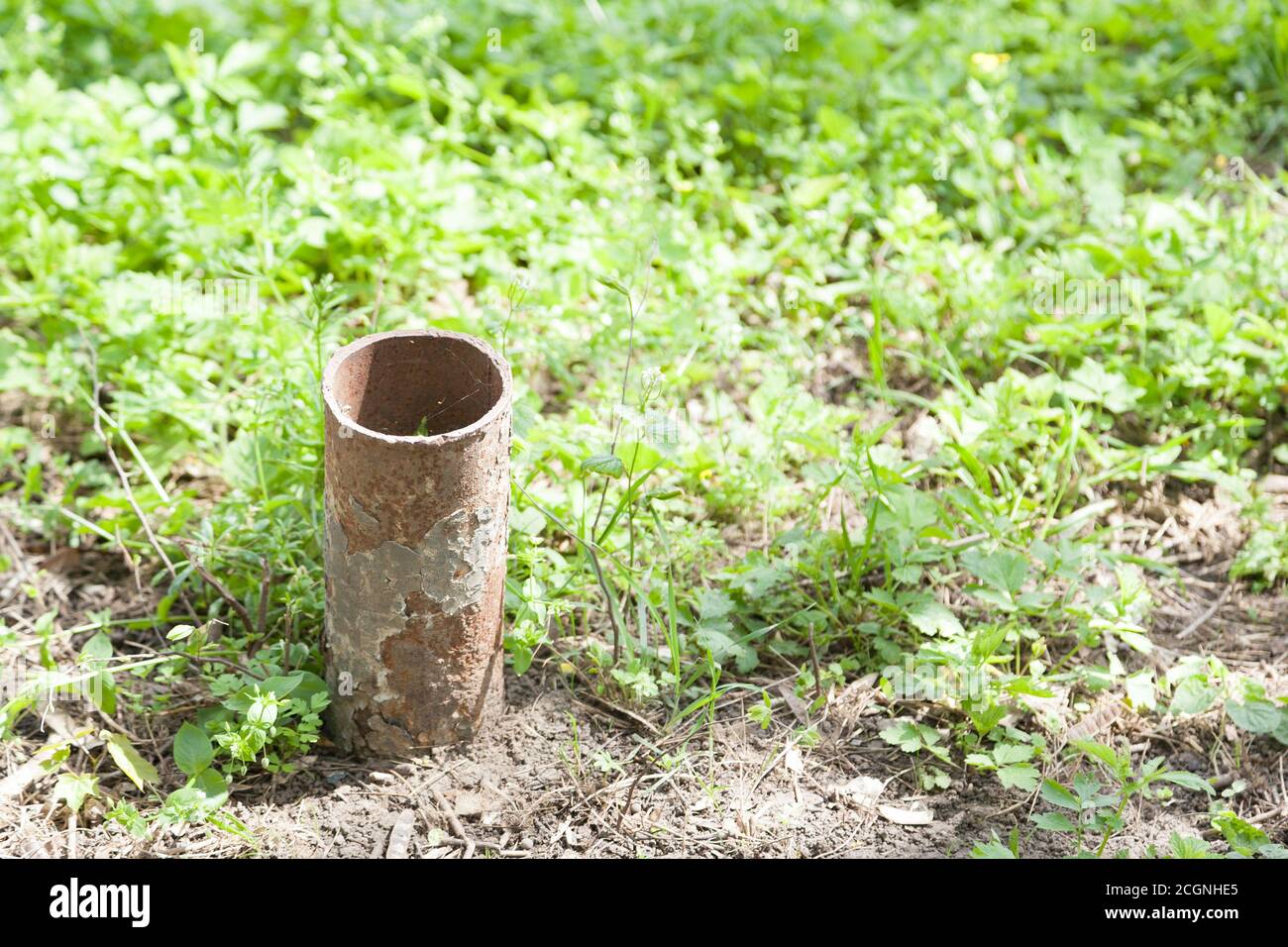 Old rusty cut iron pipe with green grass around Stock Photo - Alamy
