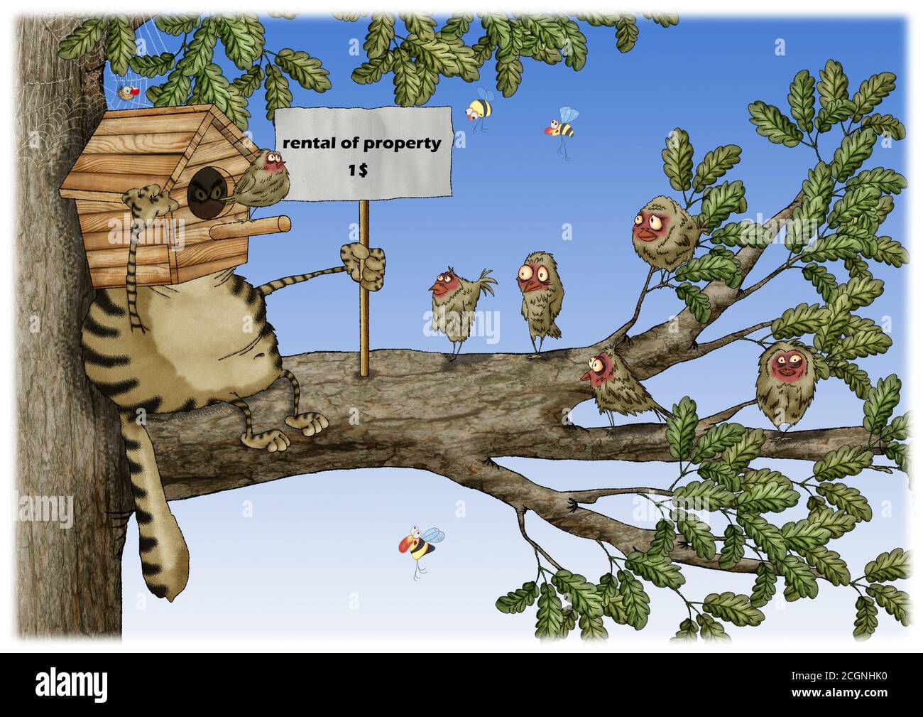 The cat in the tree offers a birdhouse for rent to sparrows. Caricature ...