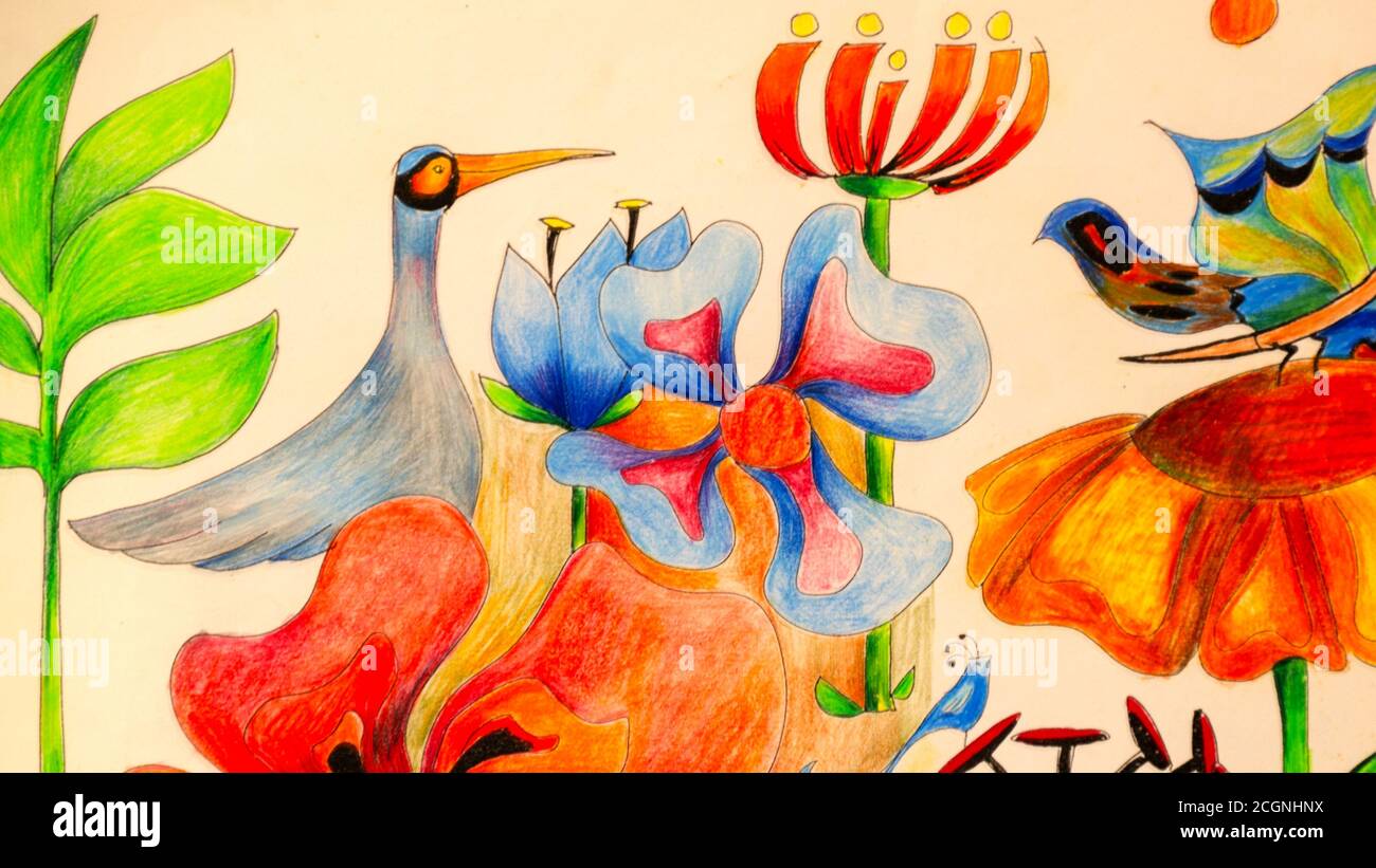 Unique drawing with beautiful flowers and birds Stock Photo - Alamy