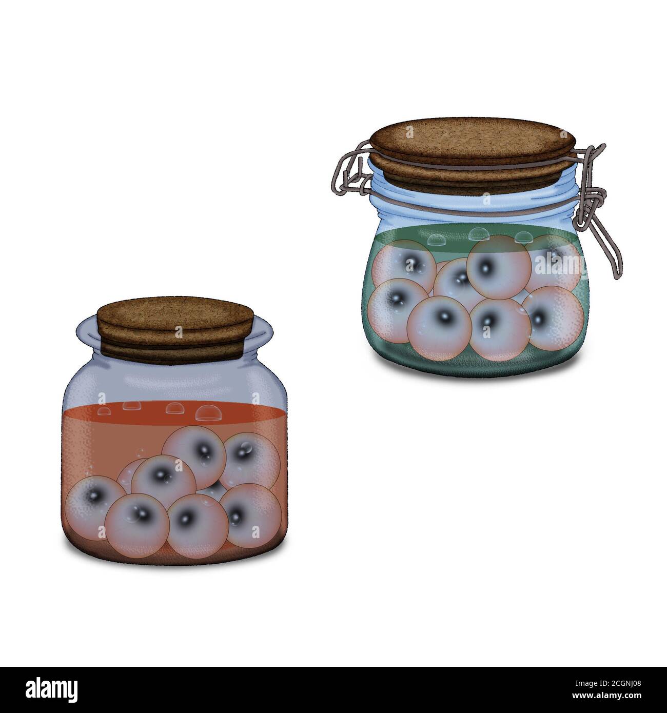 A glass jar with a wooden lid with canned eyes. Illustration in two ...