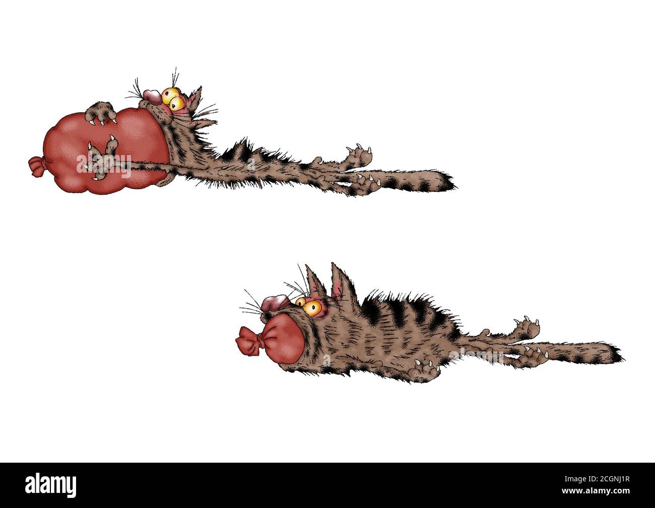 The cat stuffs the sausage into its mouth. Funny cartoon illustration ...