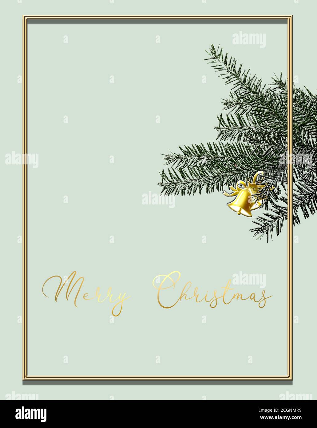 Minimalist Christmas design with gold bell and fir branches on pastel ...