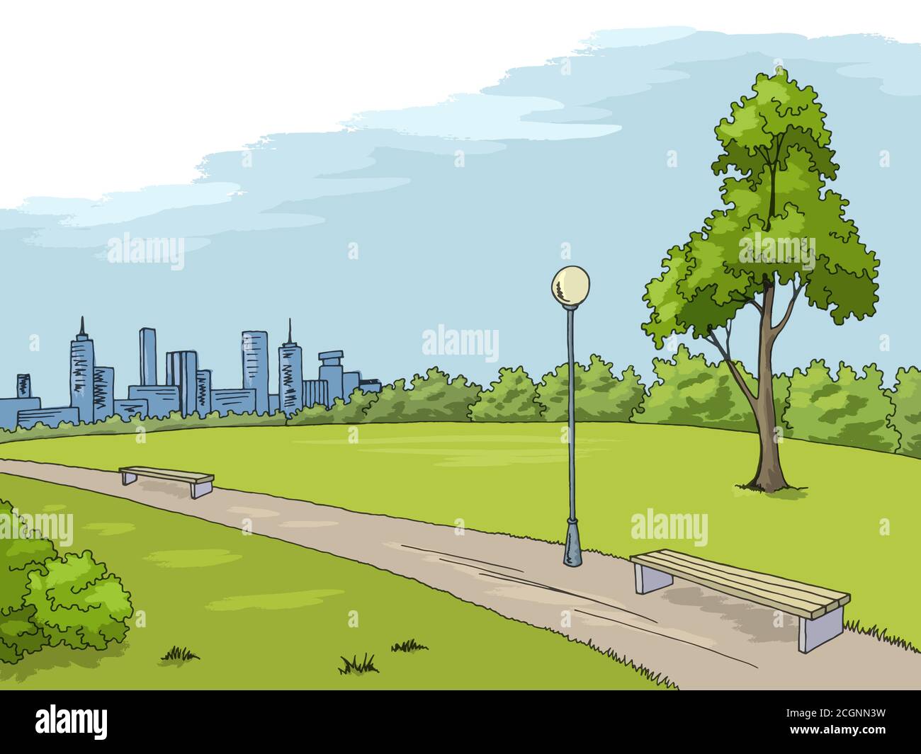 Park graphic color bench lamp landscape sketch illustration vector ...