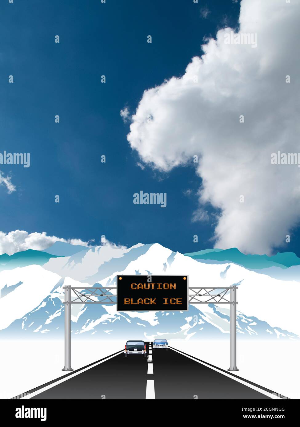 Caution black ice warning on overhead gantry sign on high altitude ...