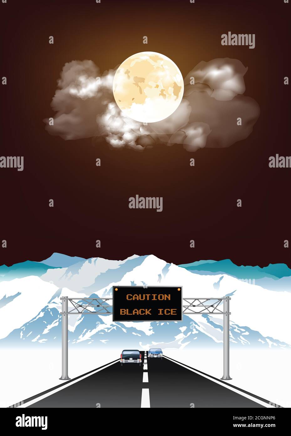 Caution black ice warning on overhead gantry sign on high altitude ...