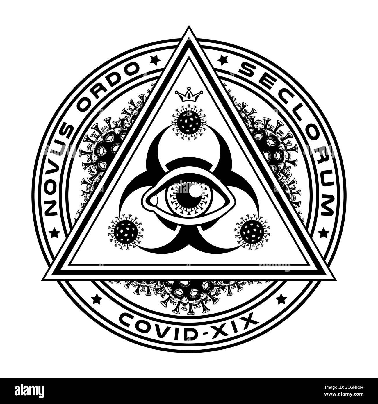 The all-seeing eye, biohazard symbol, the pyramid is covered with ...