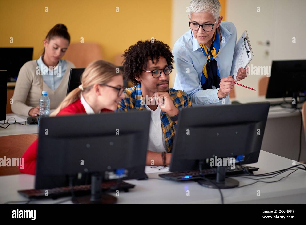 Female professor helping students at an informatics lecture in the ...