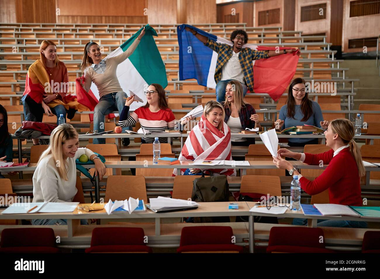 Students enjoying a student exchange project in an amphitheatre Stock ...