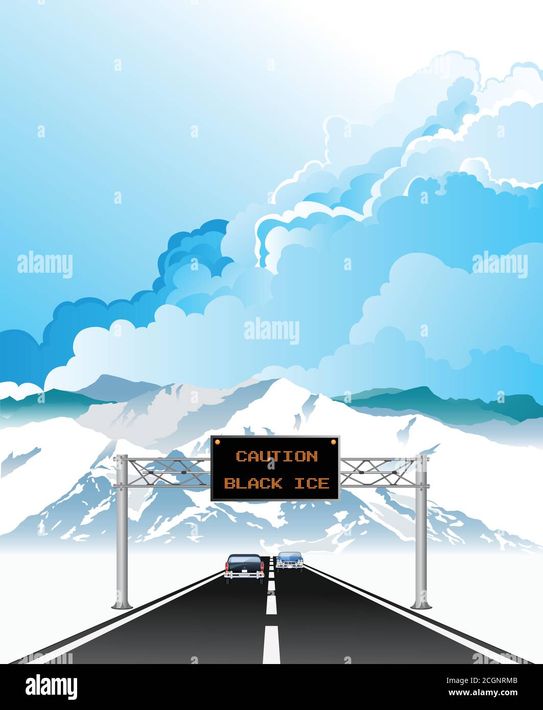 Caution black ice warning on overhead gantry sign on high altitude ...