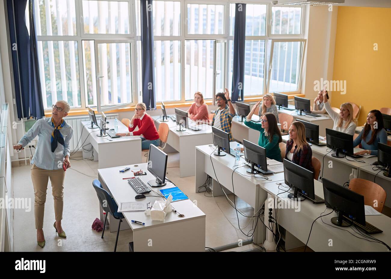 Female professor lecturing the lesson in the university computer ...